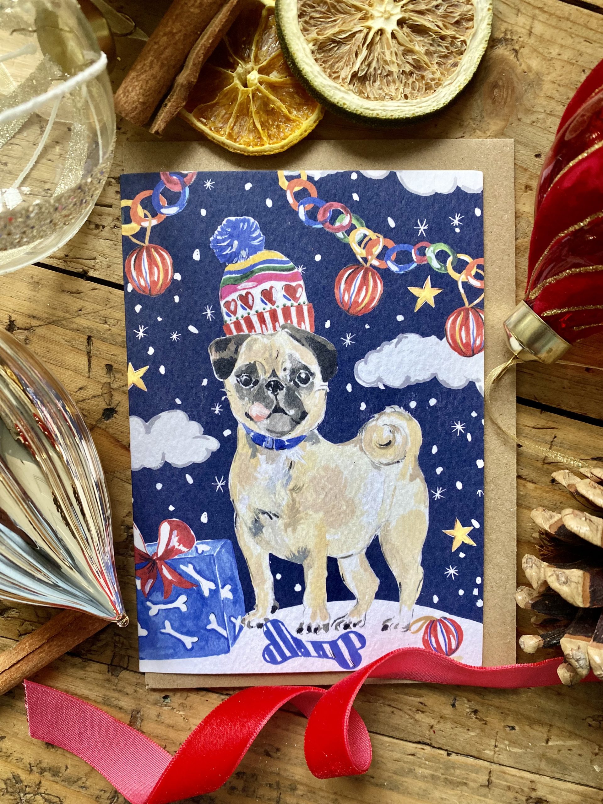 Pug Christmas Card | Printed Textiles & Illustrations Shop | Katie Tyson Illustrator